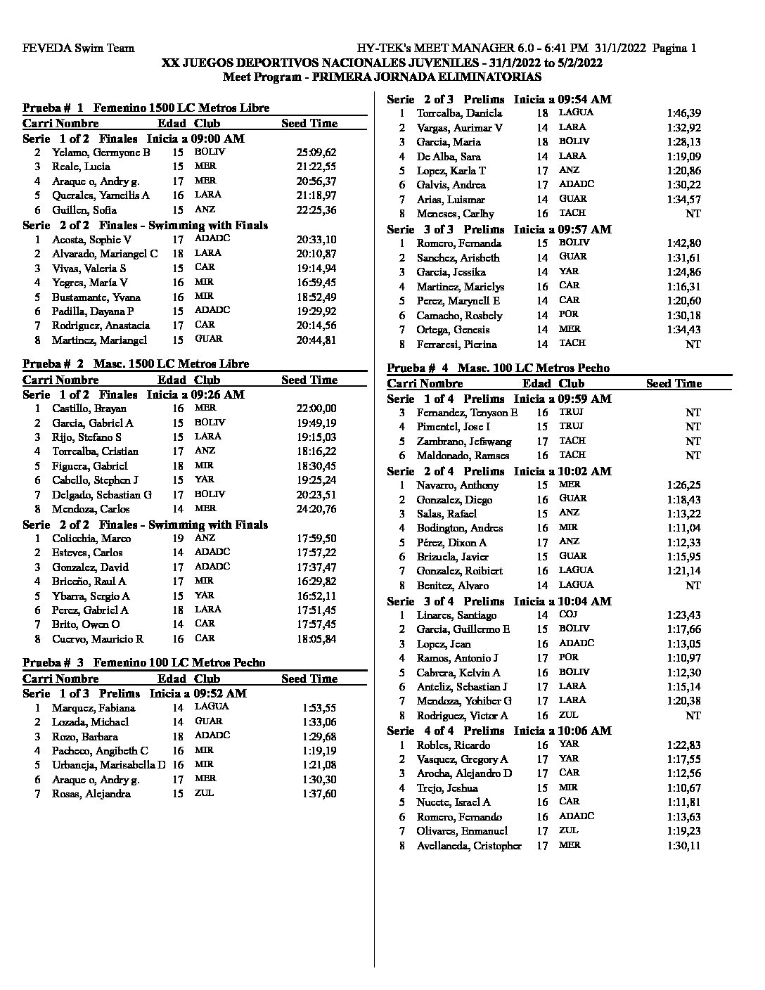 Juegos Deportivos Nacionales Juveniles 2022 Programa Primera Jornada ...